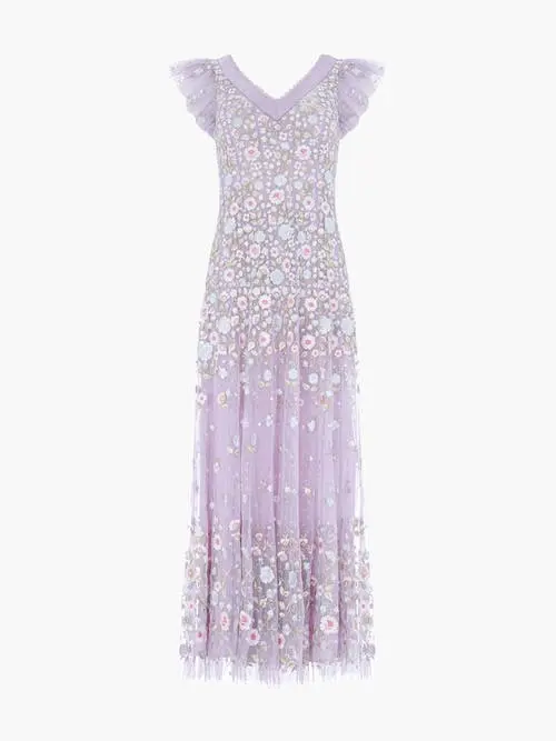 NEEDLE & THREAD Ethereal Blooms Short Sleeve Ankle Gown - Lavender/multi