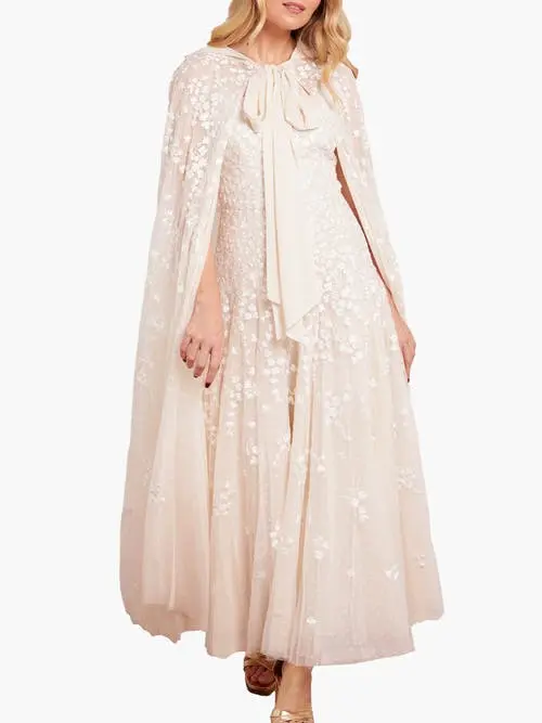 NEEDLE & THREAD Scatter Blossom Hooded Long Cape - Cream