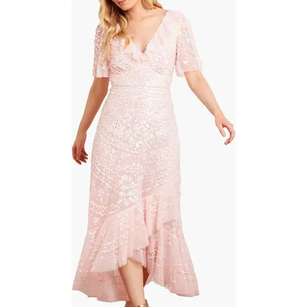 NEEDLE & THREAD Anais Sequin Frill Ankle Gown - Seashell