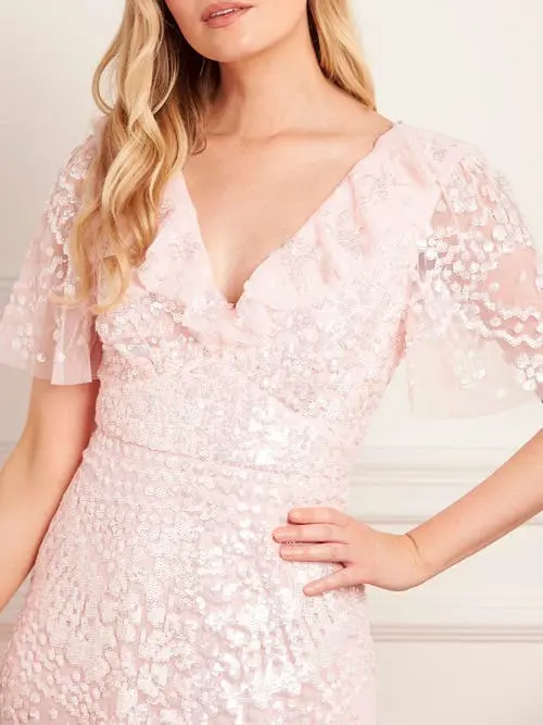 NEEDLE & THREAD Anais Sequin Frill Ankle Gown - Seashell