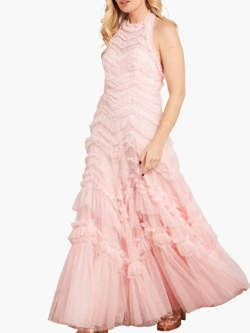 NEEDLE & THREAD Elia Halter Neck Ruffle Tulle Maxi Gown - Seashell