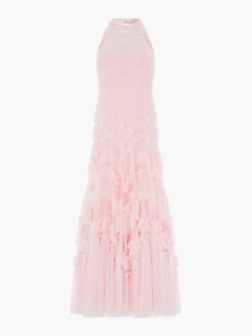 NEEDLE & THREAD Elia Halter Neck Ruffle Tulle Maxi Gown - Seashell