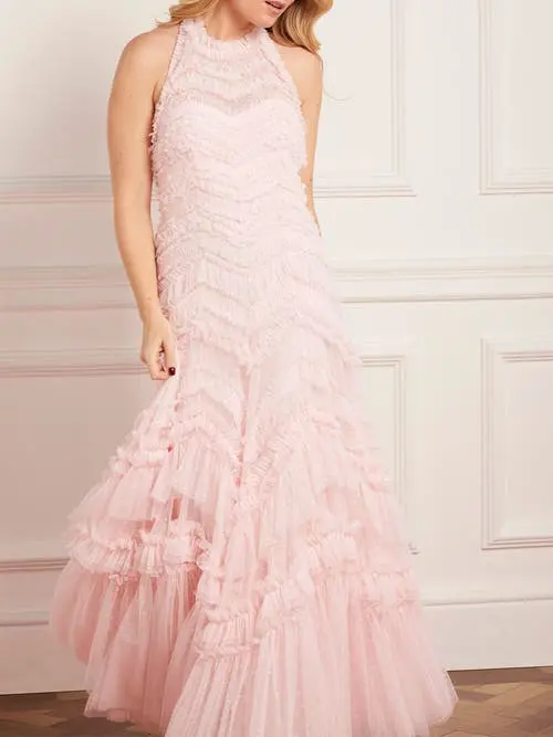 NEEDLE & THREAD Elia Halter Neck Ruffle Tulle Maxi Gown - Seashell