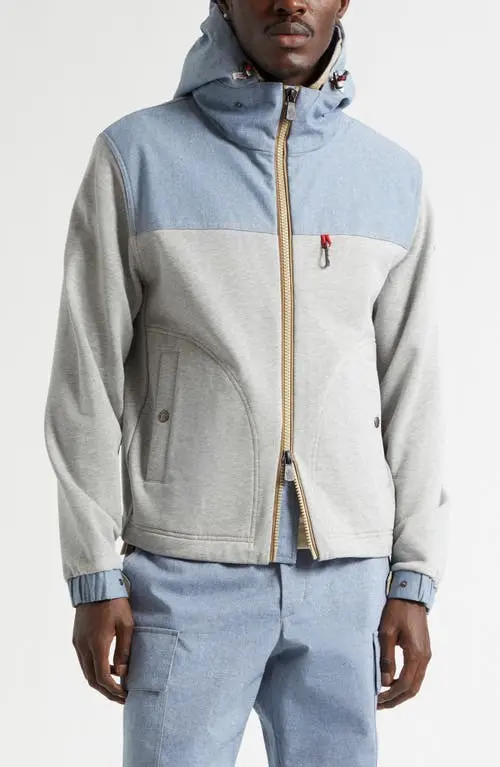 Moncler Cotton Fleece & Chambray Zip Sweatshirt - Grey Melange