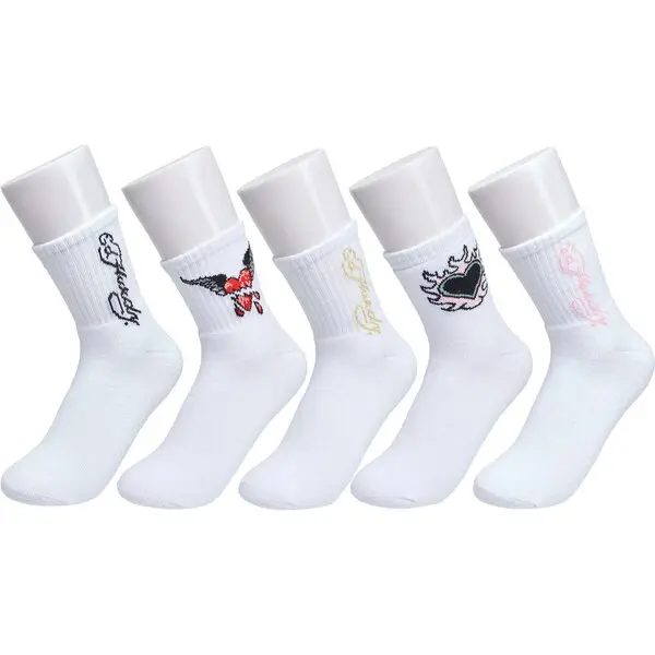 Ed Hardy Heart Flame Print Crew Socks 5-pack - White Multi