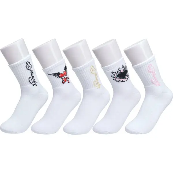 Ed Hardy Heart Flame Print Mid Crew Sock 5-pack - White Multi