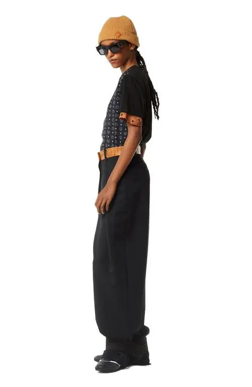 Mcm Wool Twill Pants With Monogram Leather Belt
