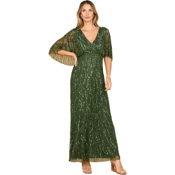 LARA NEW YORK Beaded Gown With Cape Sleeves - Emerald