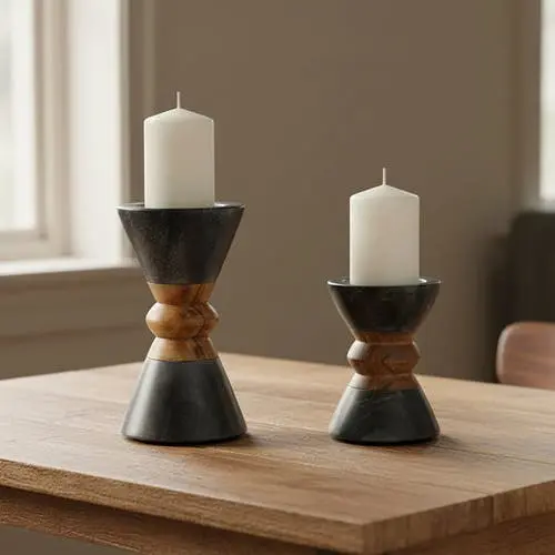 MELA ARTISANS Monarch Marble & Acacia Candleholders