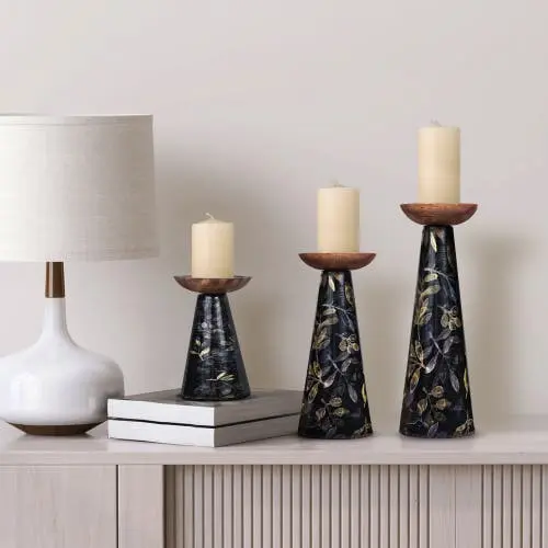 MELA ARTISANS Deep Floral Pillar Candleholder Set