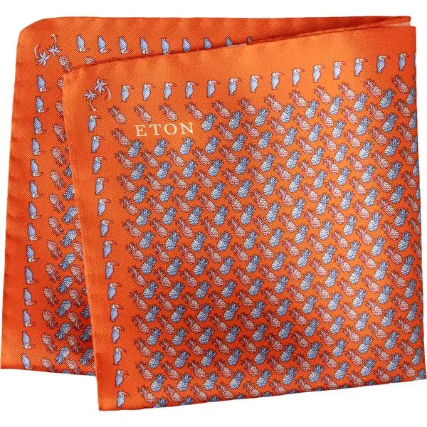 Eton Orange Pineapple Print Silk Twill Pocket Square - Medium Orange