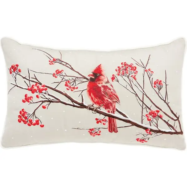 RIGHTSIDE DESIGNS Winterberry Cardinal Lumbar Pillow 12" X 21 - Red
