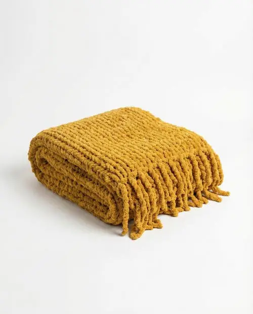 VILLA ABURI Chunky Chenille Knit Blanket With Fringe - Saffron