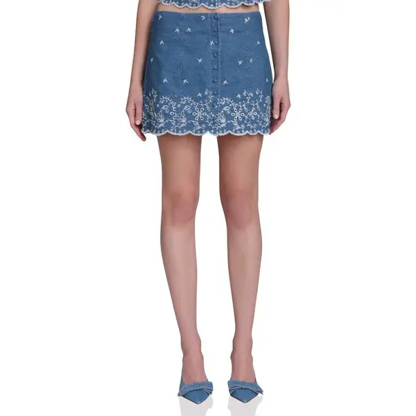 Avec Les Filles Embroidered Scallop Denim Miniskirt