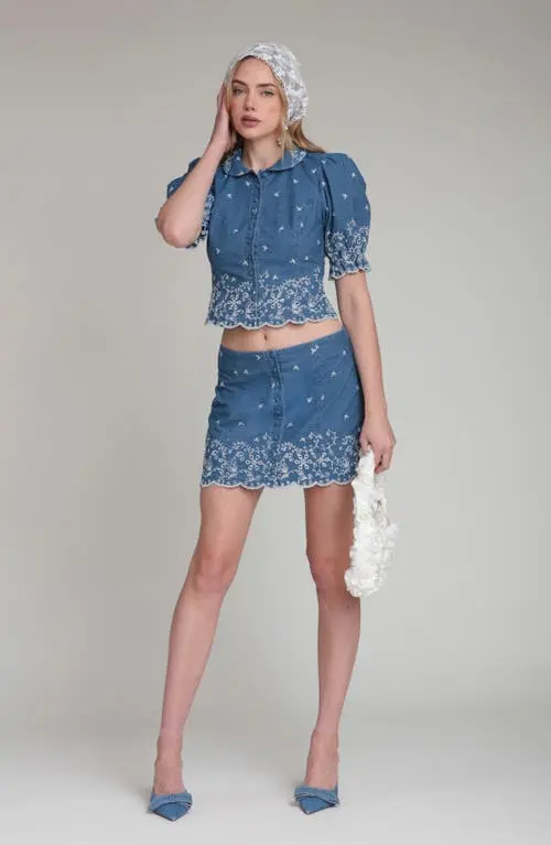 Avec Les Filles Embroidered Scallop Denim Miniskirt