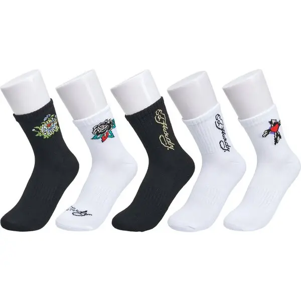 Ed Hardy Flower Heart Print Mid Crew Sock 5-pack - White Multi