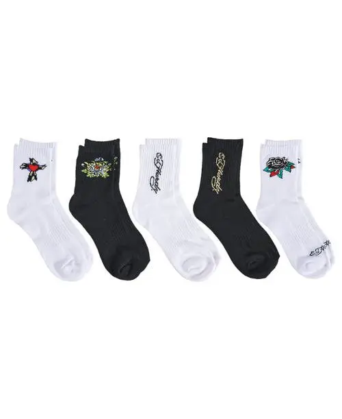 Ed Hardy Flower Heart Print Mid Crew Sock 5-pack - White Multi