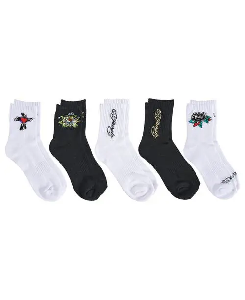 Ed Hardy Flower Heart Print Mid Crew Sock 5-pack - White Multi
