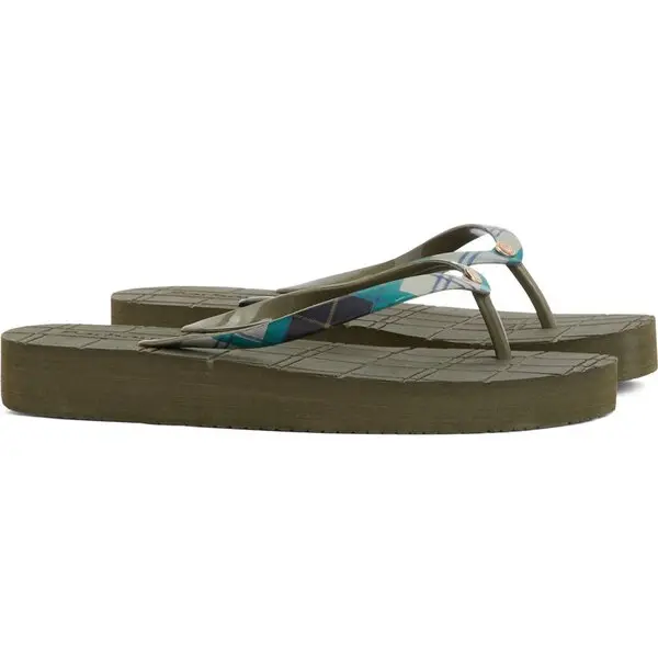 Barbour Wedge Sole Flip Flop - Olive/ancient Tartan
