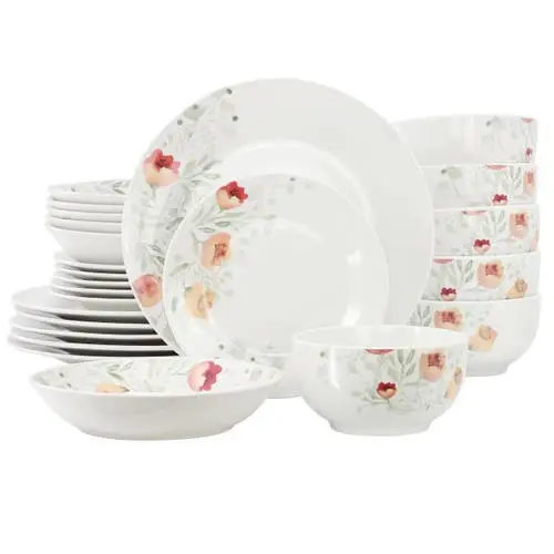 ELAMA Poppy 24 Piece Porcelain Double Bowl Dinnerware Set - White