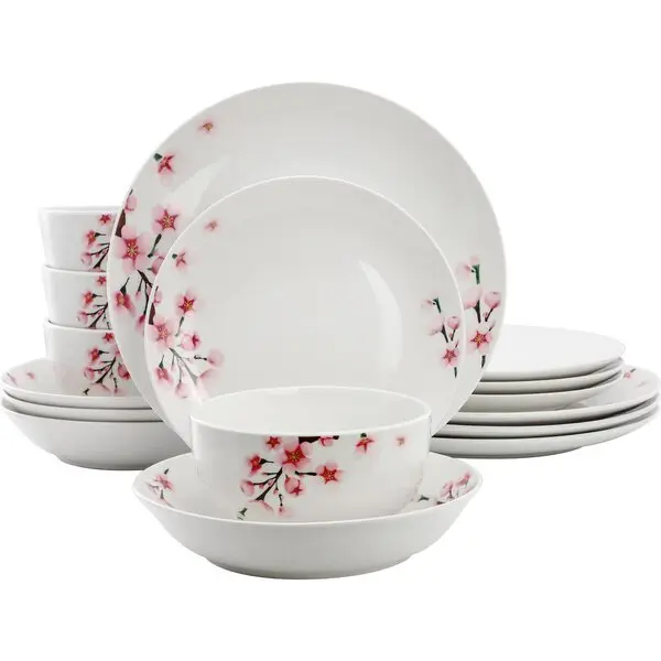 ELAMA Tamara 16 Piece Porcelain Double Bowl Dinnerware Set - White
