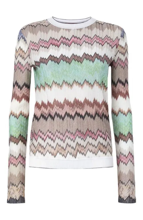 Missoni Crew-neck Knit Top In Viscose Lamé With Contrast Trims - Green& Brown
