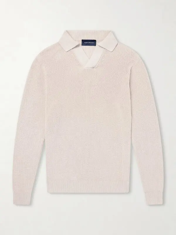 Thom Sweeney Cotton Long Sleeve Polo - Neutrals