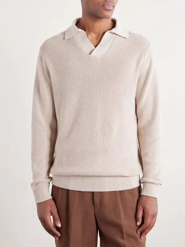 Thom Sweeney Cotton Long Sleeve Polo - Neutrals