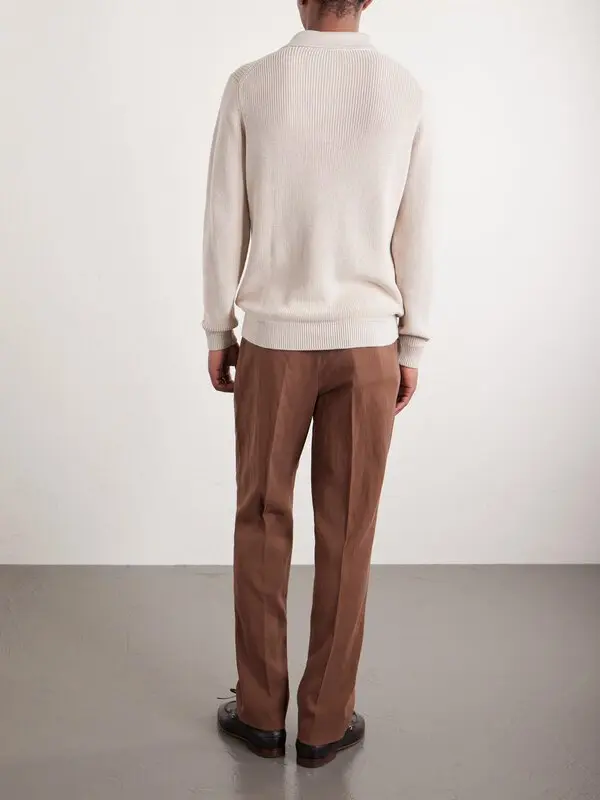 Thom Sweeney Cotton Long Sleeve Polo - Neutrals