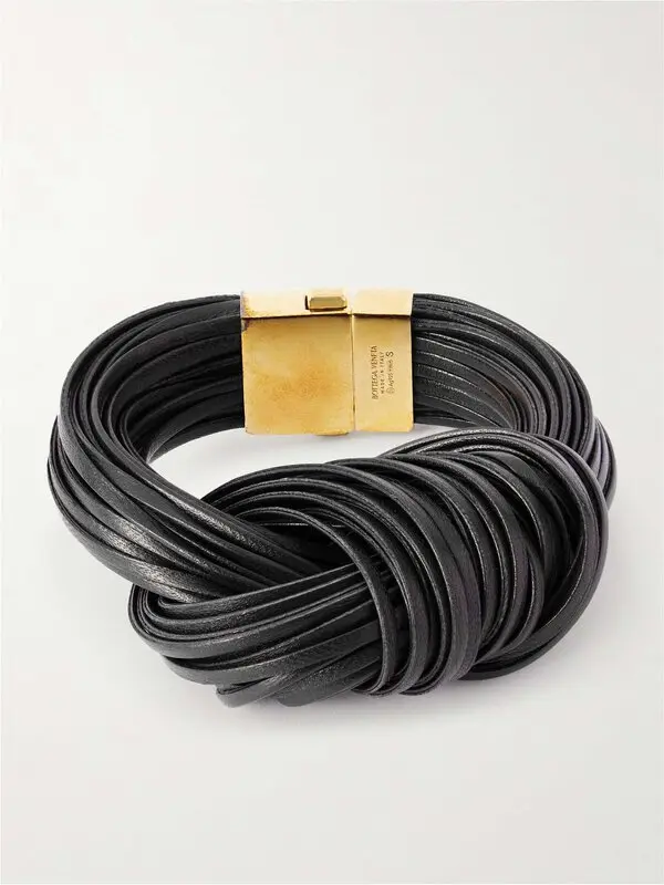 Bottega Veneta Knot Gold-plated And Leather Bracelet - Black