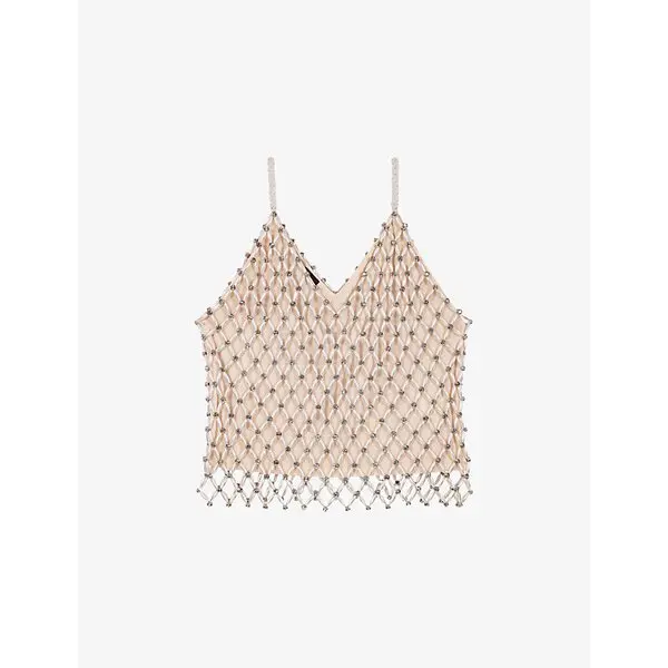 Maje Beaded V-neck Stretch-woven Cami Top - Ecru