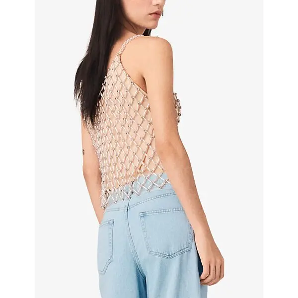 Maje Beaded V-neck Stretch-woven Cami Top - Ecru