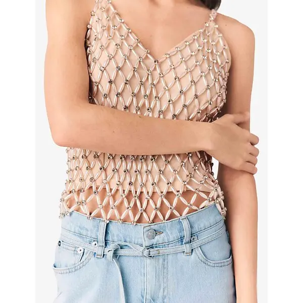 Maje Beaded V-neck Stretch-woven Cami Top - Ecru