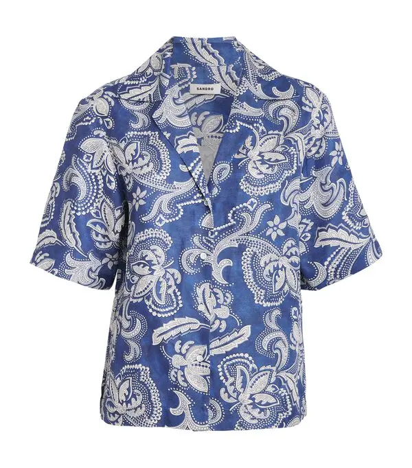 Sandro Floral Print Viscose-linen Blend Shirt - Blue