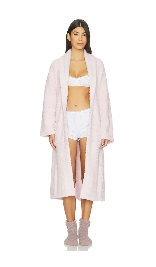 Barefoot Dreams Cozychic Adult Robe In Rose - Heathered Dusty Rose & White