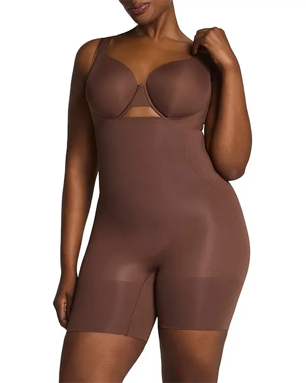 Spanx Sculpt Go Figure Open Bust Mid Thigh Bodysuit - Ganache