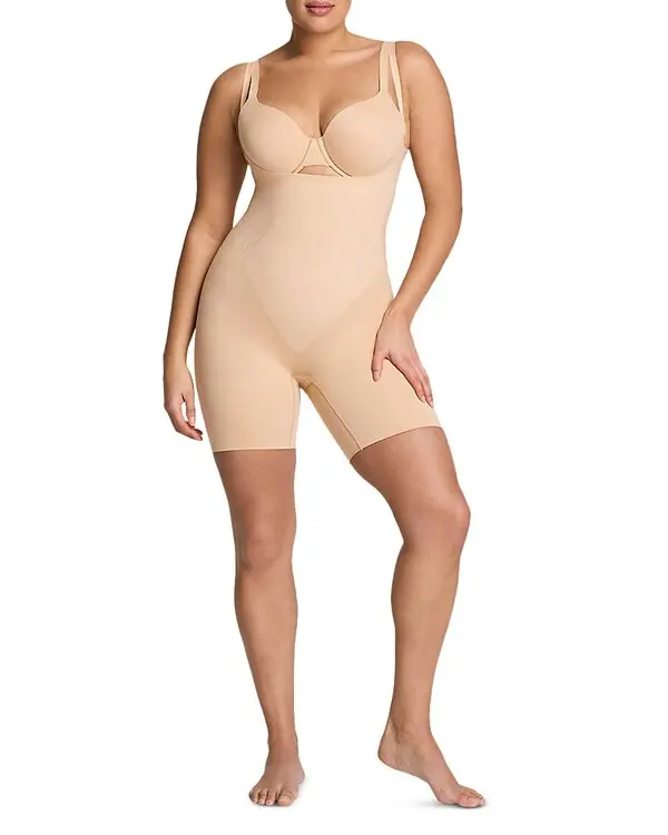 Spanx Sculpt Go Figure Open Bust Mid Thigh Bodysuit - Honey