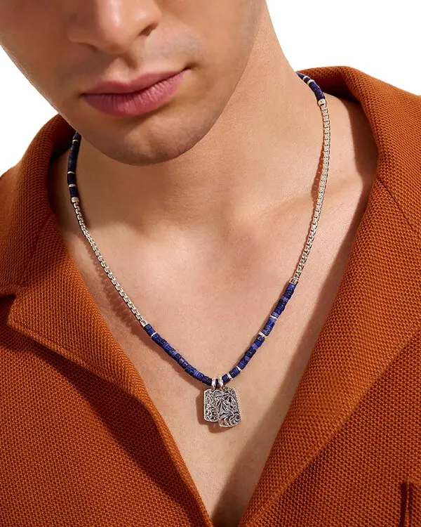 John Hardy Sterling Heishi Lapis Lazuli Tag Pendant Necklace