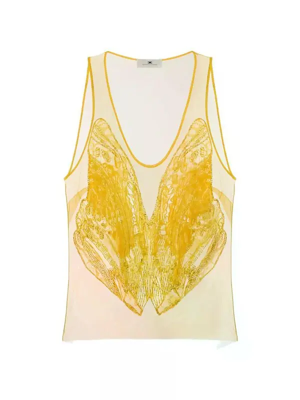 Elisabetta Franchi Embroidered Racerback V-neck Tulle Top - Yellow