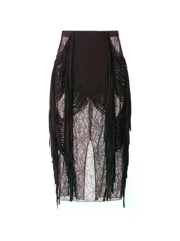 Elisabetta Franchi Floral Lace Fringed Midi Skirt - Brown