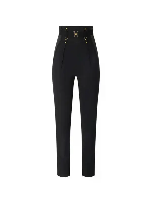 Elisabetta Franchi High-waisted Slim Fit Trousers With Satin Inserts And Logo Belt - Black