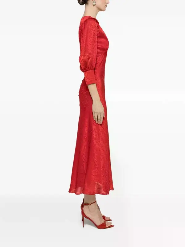 NISSA Puff-sleeve Midi Dress In Floral - Red