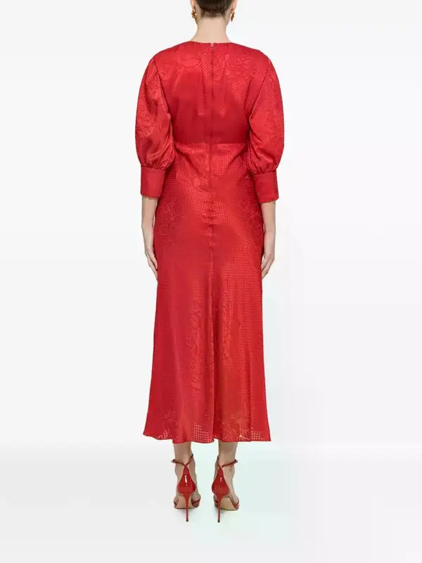 NISSA Puff-sleeve Midi Dress In Floral - Red