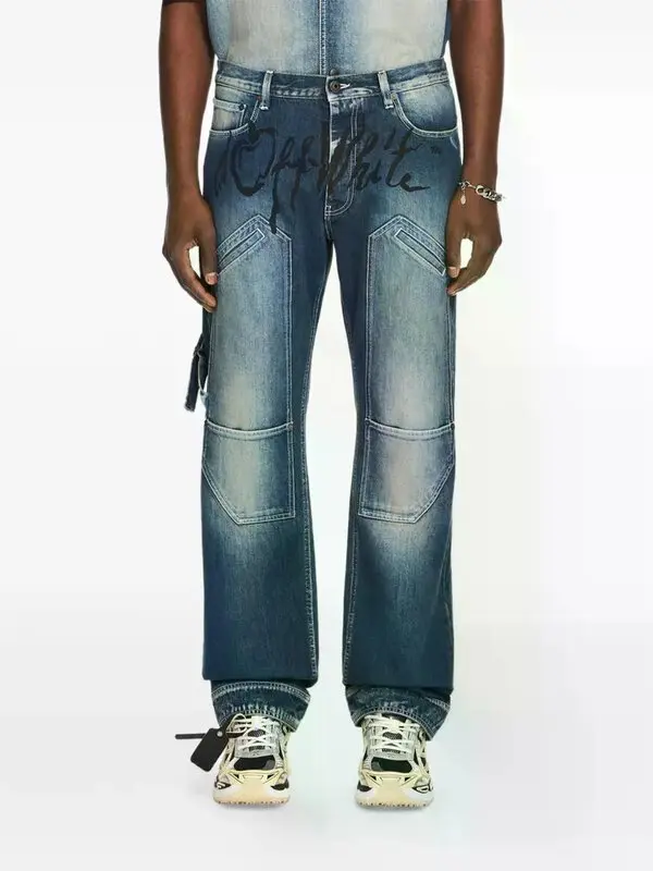 Off-White Panelled Jeans With Graphic Print