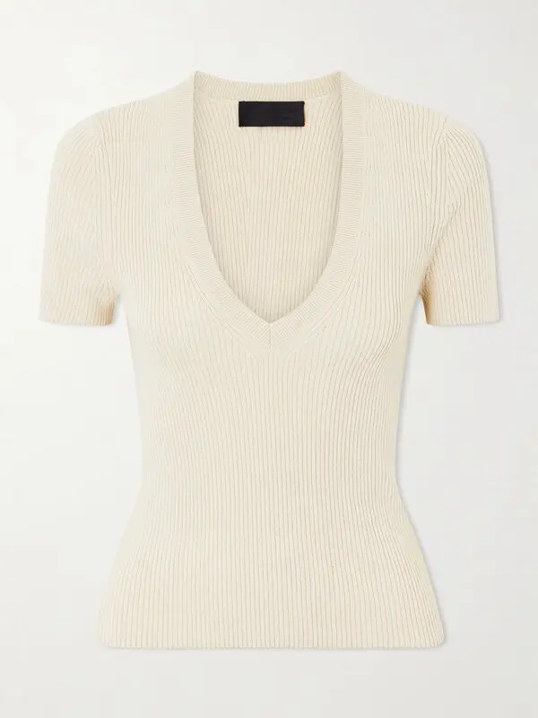 NILI LOTAN Ribbed-knit Cotton And Silk-blend T-shirt - Neutrals