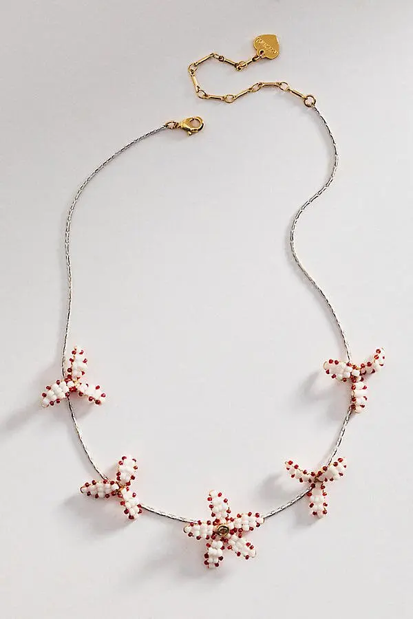 Anthropologie Beaded Floral Charm Necklace - White