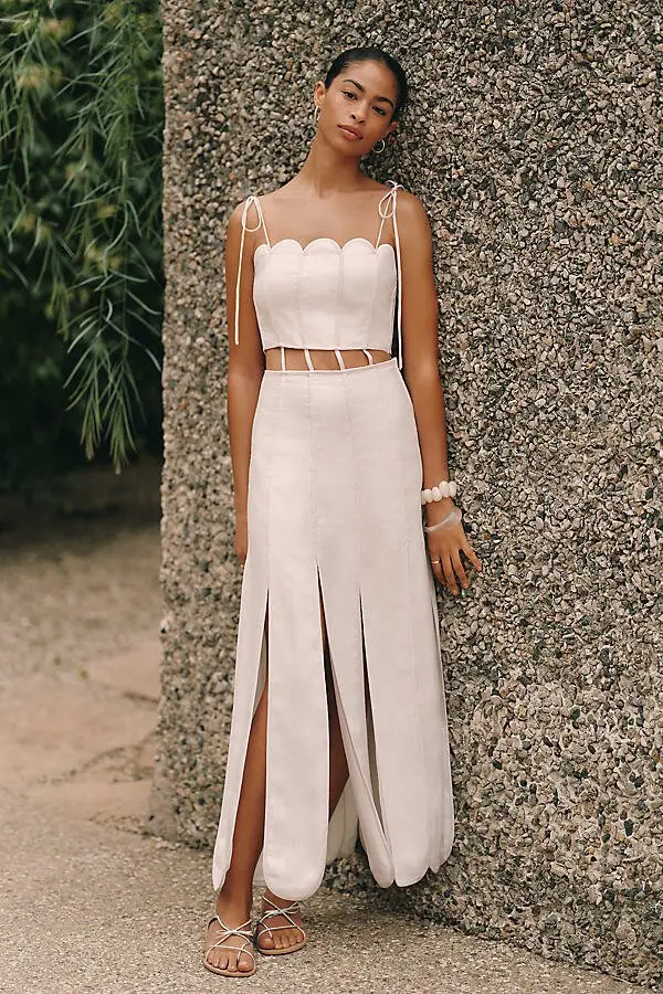 Azulu Scalloped Cutout Linen Maxi Dress - Ivory