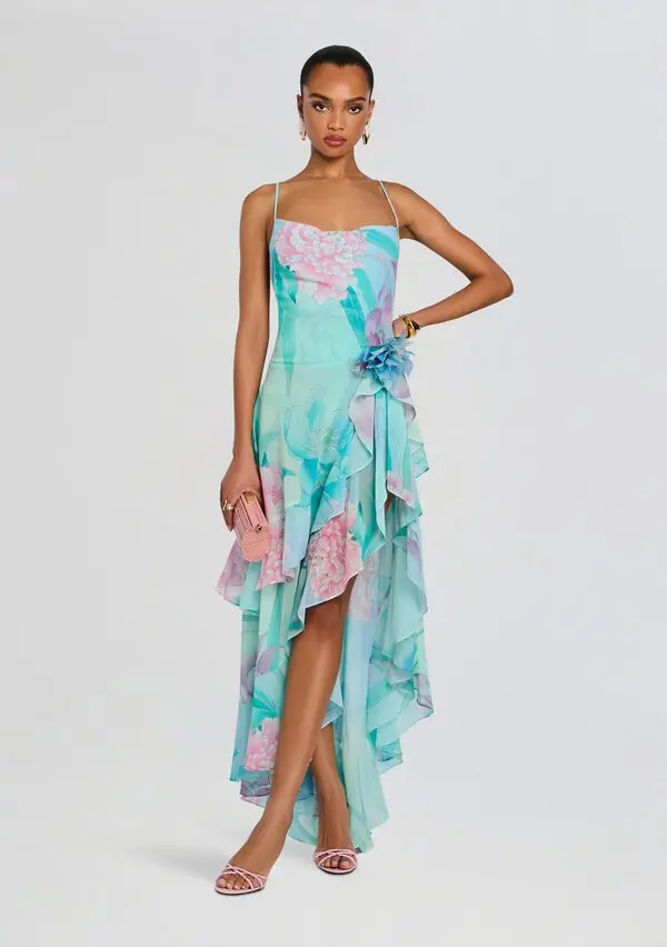 sachin and babi light blue dress High Low A-line V-Neck Ruffles Chiffon Dusty Blue Bridesmaid Dress –  COCOSBRIDE main image 0