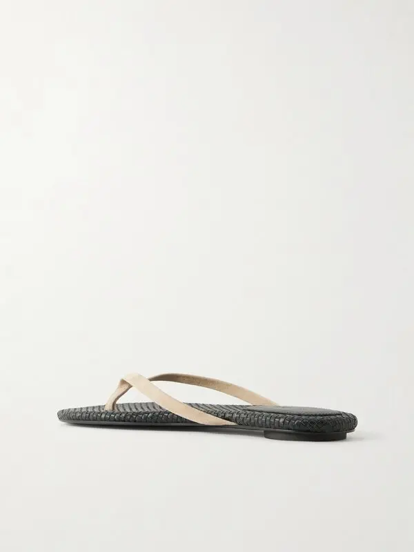 ST. AGNI Suede-trimmed Woven Flip Flops - Neutrals