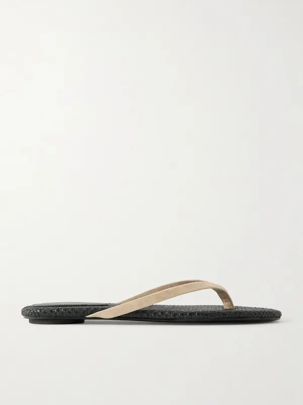 ST. AGNI Suede-trimmed Woven Flip Flops - Neutrals
